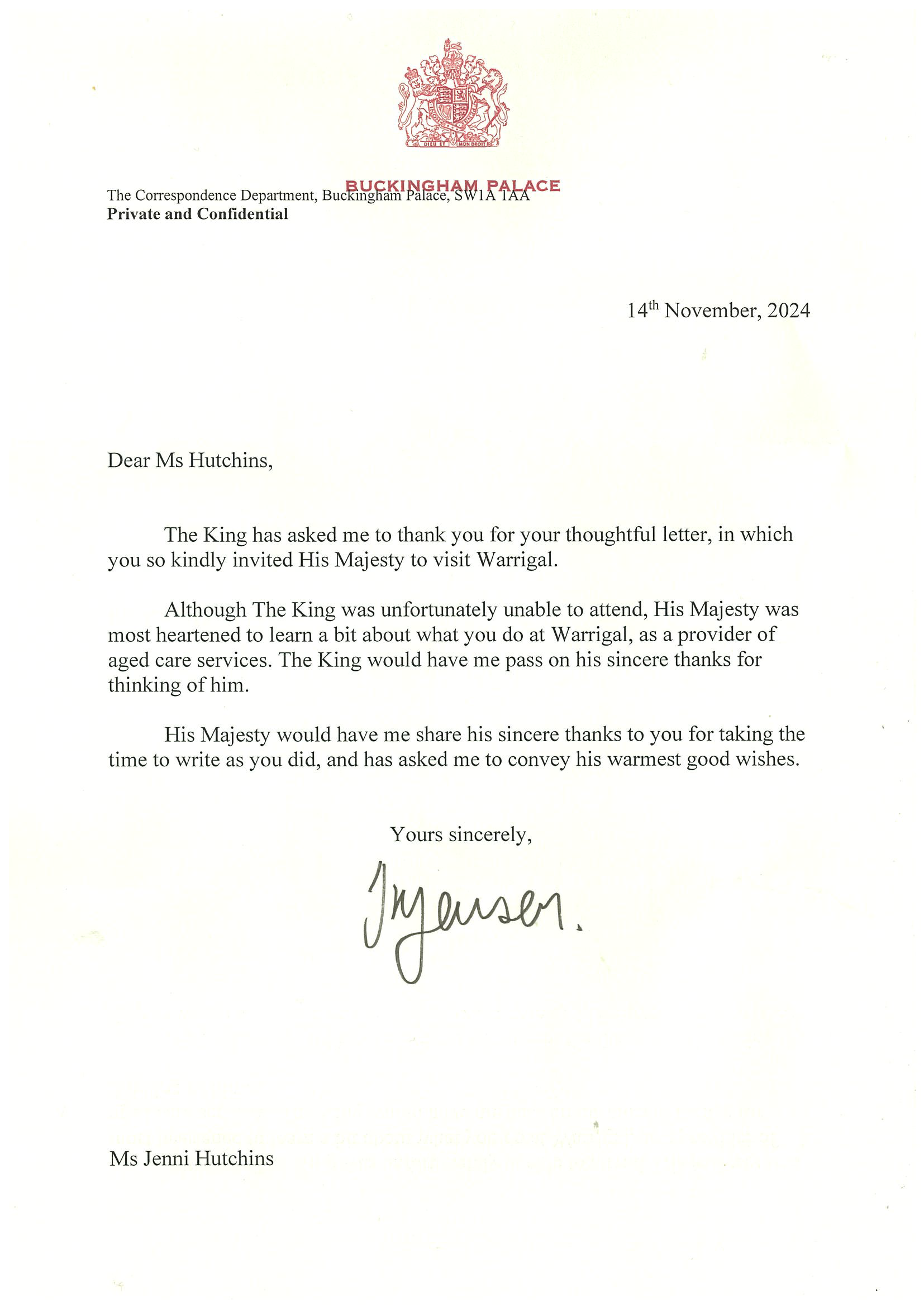 A Royal Acknowledgment: Warrigal Receives a Letter from Buckingham ...